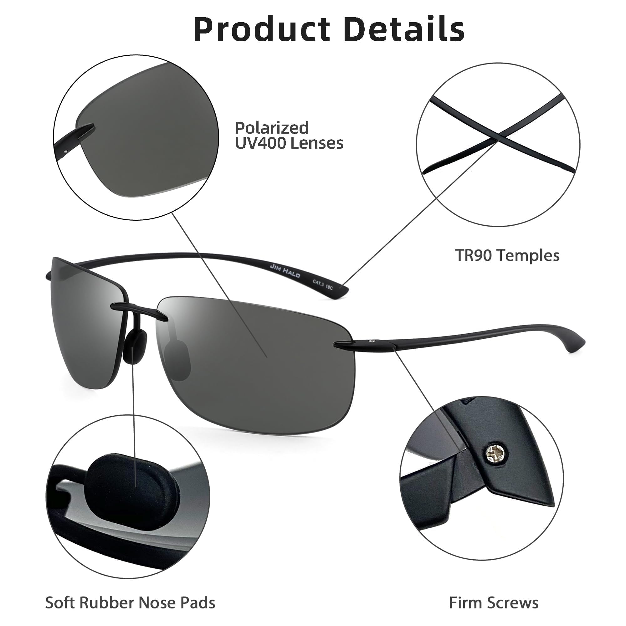 JIM HALO Polarized Sport Sunglasses for Men Women TR90 Rimless Frame for Running Fishing Cycling Driving Grey1