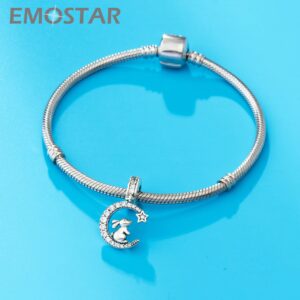 Rabbit on Crescent Moon Pendant Charms, fits Pandora Easter Bracelet, 925 Sterling Silver Bunny Animal Dangle Beads with CZ Moon Star, Gift for Christmas/Birthday/Pet Lover