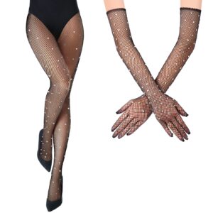 satinior rhinestone fishnets mesh stockings with glitter gloves black fishnet gloves rhinestone gloves for women girls (cute style)