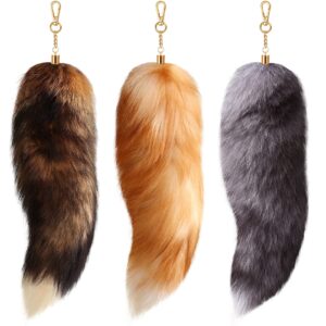 sureio 3 pcs halloween huge fluffy fur fox tail for cosplay wolf tail keychain costume for women cos party (gray,yellow,mixed colors)