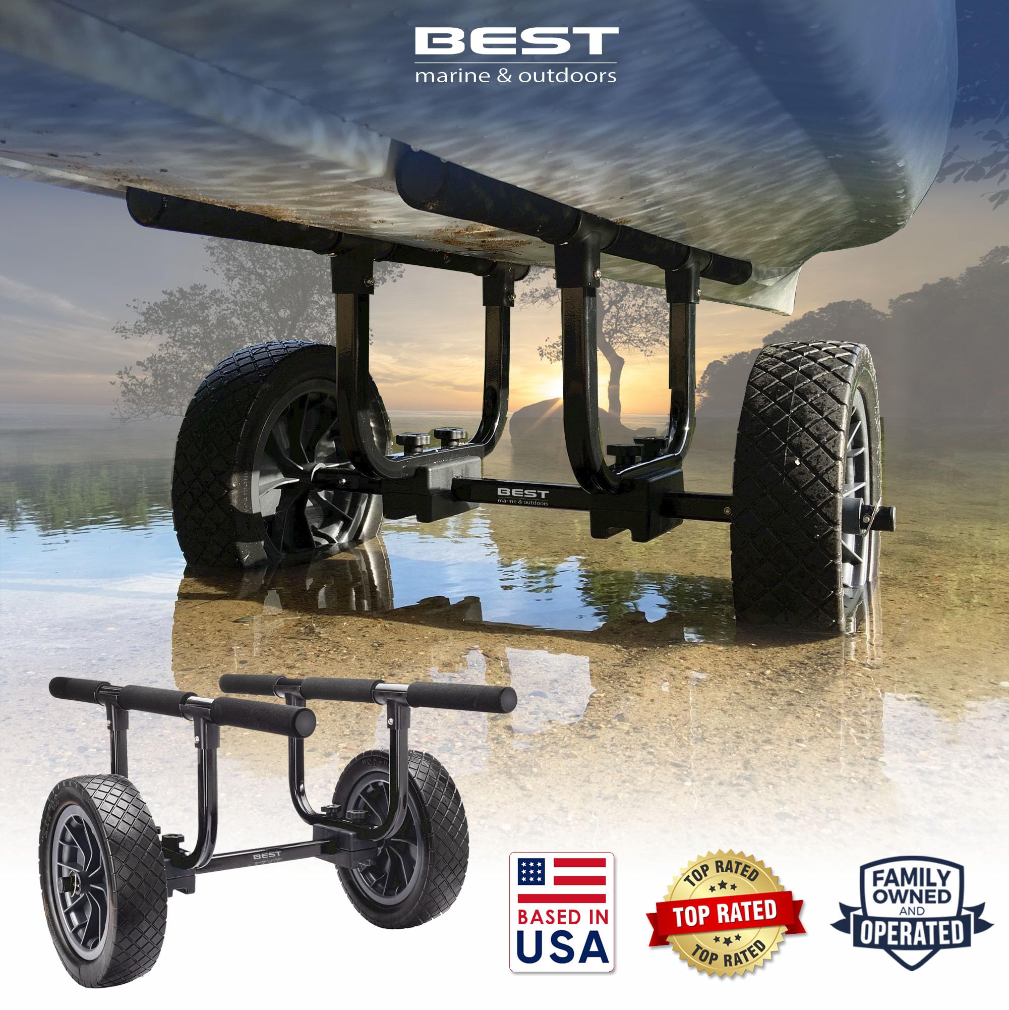 Best Marine and Outdoors Kayak Cart, Heavy Duty Dolly, 450lb Weight Capacity, Flat Free Airless Wheels, Adjustable Width Trolley Carrier, Canoe & Kayak Trailer Accessories