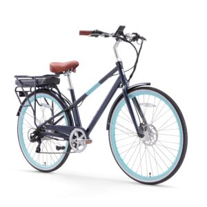 sixthreezero reach your destination women's electric bike, 7 speed hybrid road ebike bicycle with rear rack, 500 watt motor, 26 inch wheels, navy