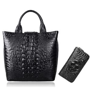 pijushi designer genuine leather top handle satchel handbags bundle with crocodile leather wristlet wallet