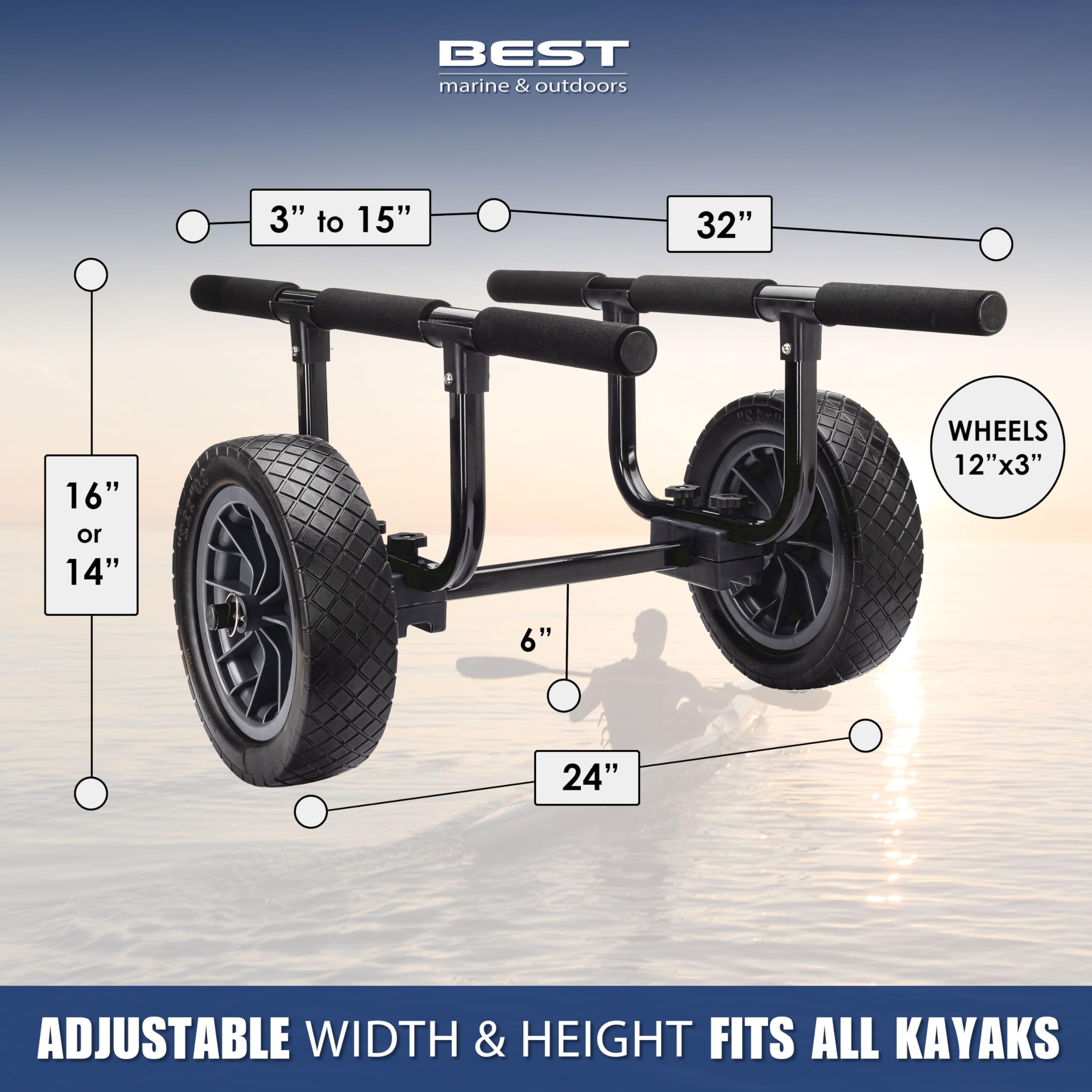 Best Marine and Outdoors Kayak Cart, Heavy Duty Dolly, 450lb Weight Capacity, Flat Free Airless Wheels, Adjustable Width Trolley Carrier, Canoe & Kayak Trailer Accessories