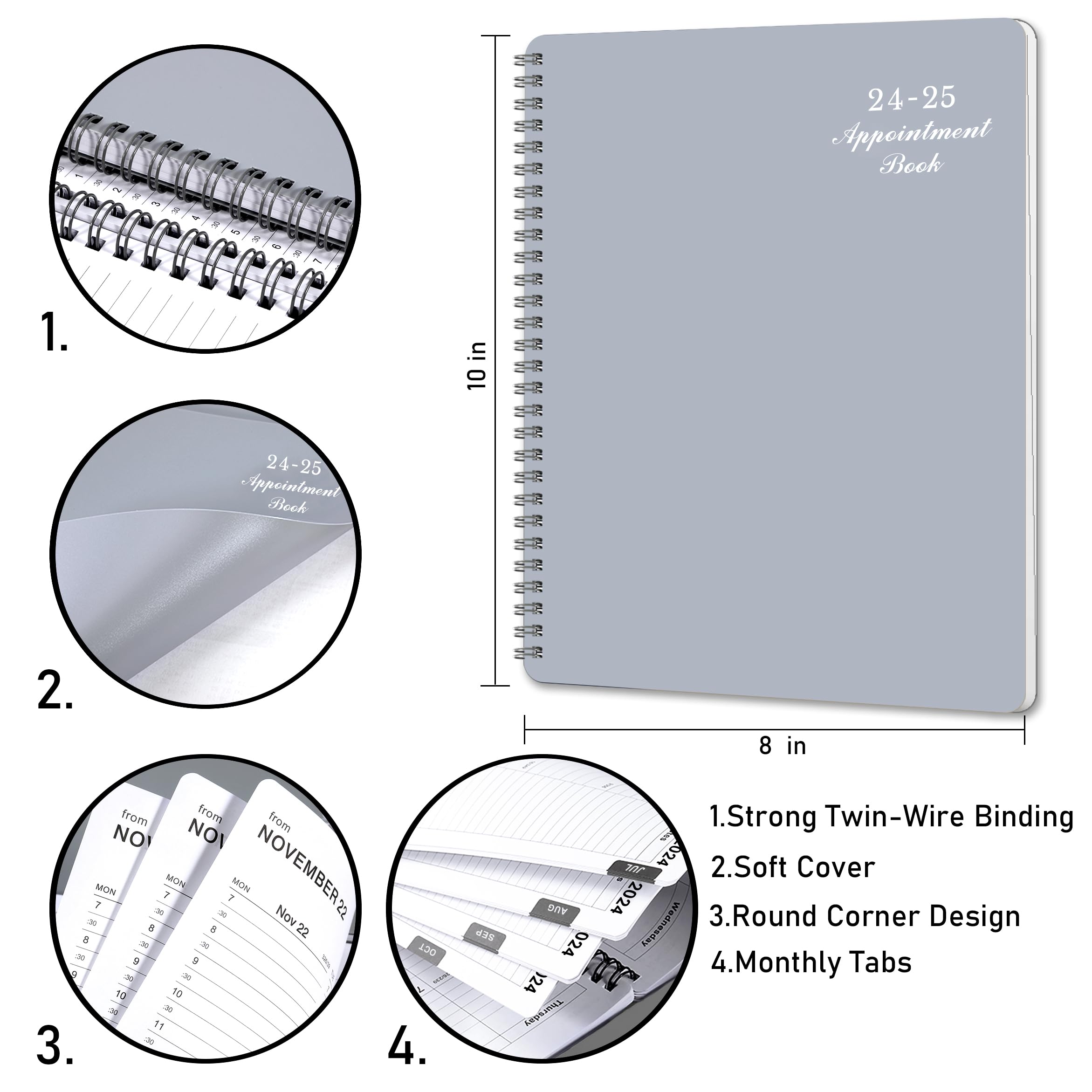 2024-2025 Weekly Appointment Book & Planner - July 2024 - June 2025, 2024-2025 Daily Hourly Planner, 8" x 10", Half Hour (30 Mins) Interval, Printed Tabs, Strong Binding, Round Corner, Thick Paper