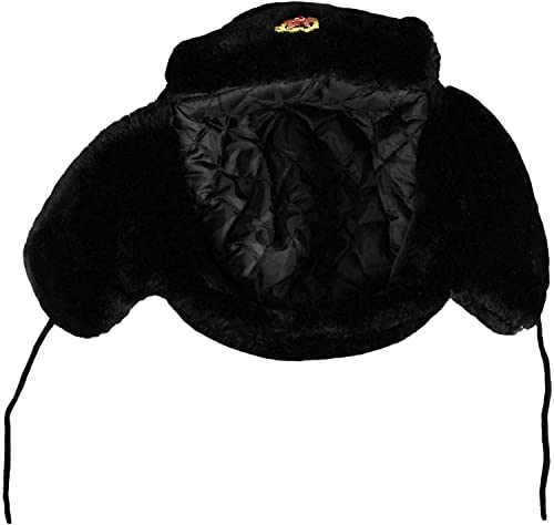 Loxdonz Ushanka Russian Military Hat with Ear Flaps and Soviet Badge, Trapper Ski Hat for Winter (One Size, Black)