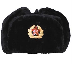 loxdonz ushanka russian military hat with ear flaps and soviet badge, trapper ski hat for winter (one size, black)