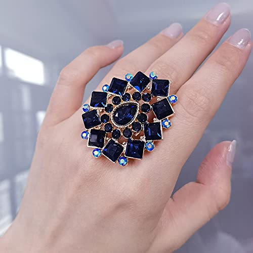 Exaggerated Blue CZ Statement Ring for Women Fashion Round Princess Cut Teardrop Cubic Zirconia Cluster Expandable Adjustable Big Band Rings Comfort Fit Delicate Christmas Jewelry Golden Tone