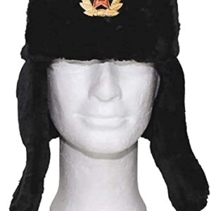 Loxdonz Ushanka Russian Military Hat with Ear Flaps and Soviet Badge, Trapper Ski Hat for Winter (One Size, Black)