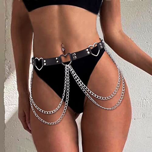 Cosydays Punk Leather Waist Chain Belt Black Harness Body Chain Heart Belly Chains Party Rave Outfits Body Chain Jewelry for Women and Girls