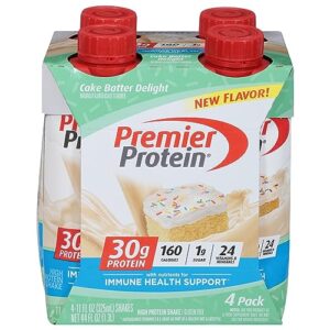 premier protein shake, cake batter delight, 30 g protein, 1 g sugar, 24 vitamins & minerals, nutrients to support immune health, cream, 11 fl oz, 4 count