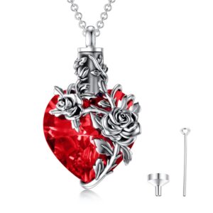 pelovny rose flower cremation necklace for ashes, red crystal urn necklace for ashes for women memorial jewelry