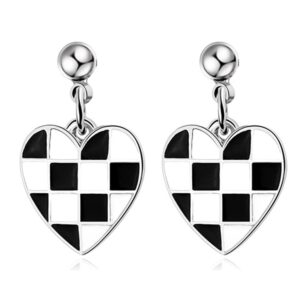 miguo store fashion chic temperament simple black white heart-shaped stud earrings checker board dripping oil earrings for women gift (black white heart-shaped stud earrings)