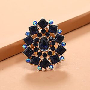 Exaggerated Blue CZ Statement Ring for Women Fashion Round Princess Cut Teardrop Cubic Zirconia Cluster Expandable Adjustable Big Band Rings Comfort Fit Delicate Christmas Jewelry Golden Tone