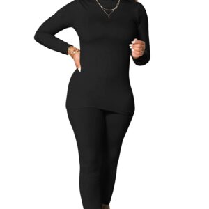 Mokoru Women's Tracksuit 2 Piece Outfits Turtleneck Long Sleeve Shirt Workout Jogger Legging Pants Set, Large, Black