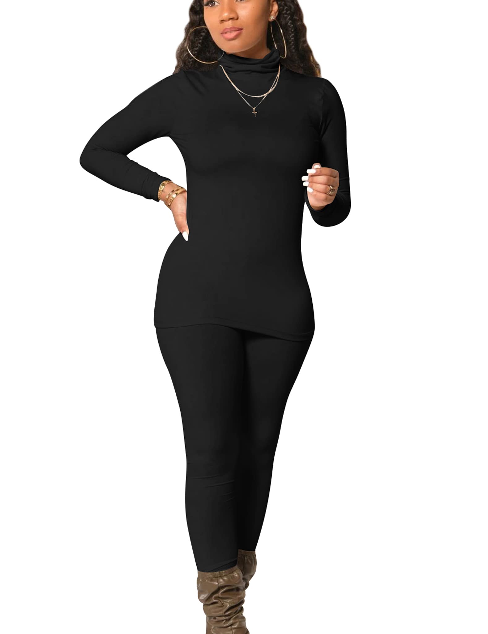 Mokoru Women's Tracksuit 2 Piece Outfits Turtleneck Long Sleeve Shirt Workout Jogger Legging Pants Set, Large, Black