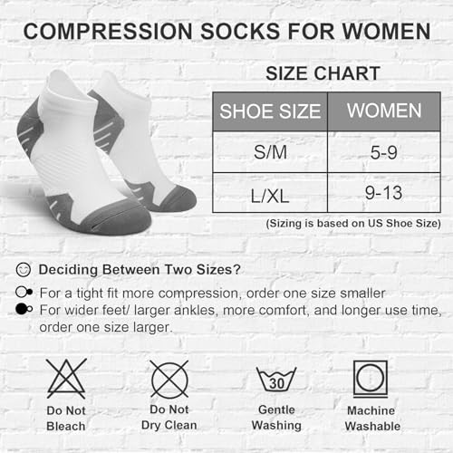 PAPLUS Ankle Compression Socks for Women 6 Pairs, Low Cut Womens Running Socks with Arch Support, White, S/M