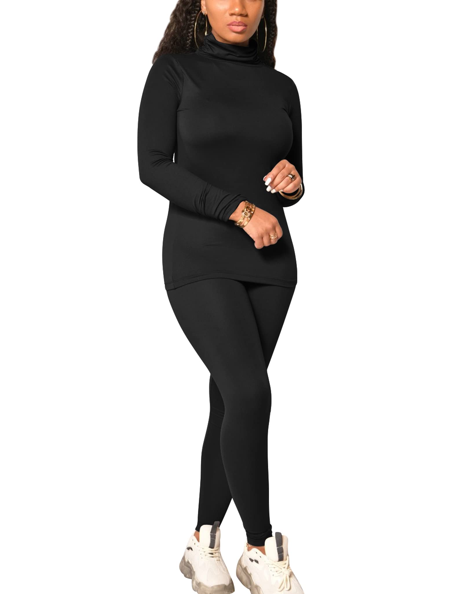 Mokoru Women's Tracksuit 2 Piece Outfits Turtleneck Long Sleeve Shirt Workout Jogger Legging Pants Set, Large, Black