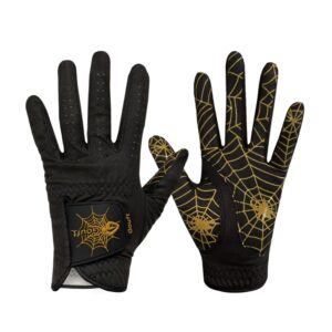 gouft spiderweb-design golf glove black edition (for men & women) - durable suede: all weather golf glove, good grip, feel soft/comfort, and long lasting: washable glove (gold/black, 23, left-hand)