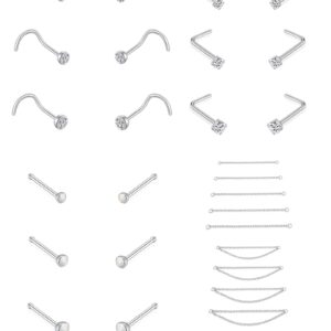 Akeoqi 28Pcs Nose Stud Nose Chain Screw Straight L Shape Nose Stud Chain Nose Stud Nostril Piercing Body Jewelry for Women Men 20G Set 2mm 2.5mm 3mm CZ Silver Tone