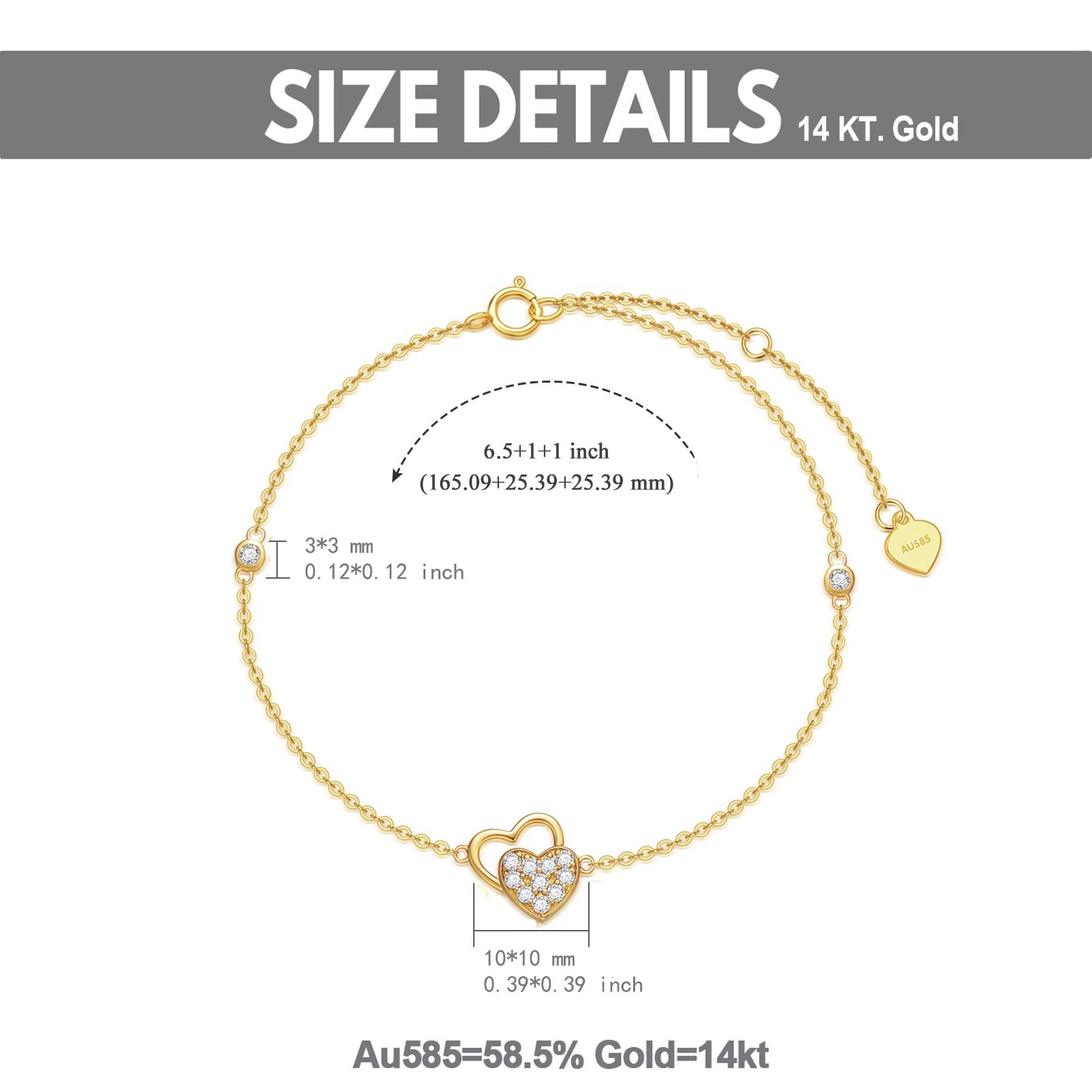 SISGEM 14K Real Gold Hearts Beaded Bracelets for Women,Yellow Gold Love Bracelet Three Hearts Jewerly Gifts for Birthday Christmas 6.5+2 inch