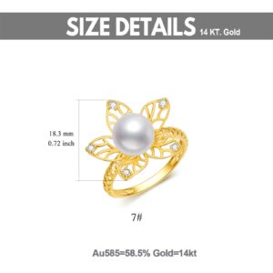 SISGEM 14K Real Gold Flower Ring for Women,Yellow Gold 9MM Pearl Engagement Ring/Wedding Band/Wedding Anniversary Birthday Gifts for Her Size 5-11 (7)