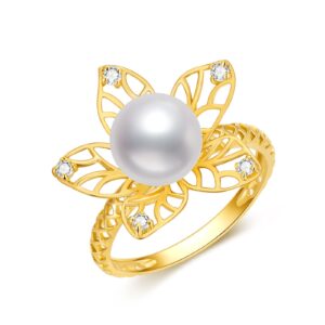 14k solid gold flower ring for women,yellow gold 9mm freshwater pearl engagement ring/wedding band/wedding anniversary birthday gifts for her size 5-11