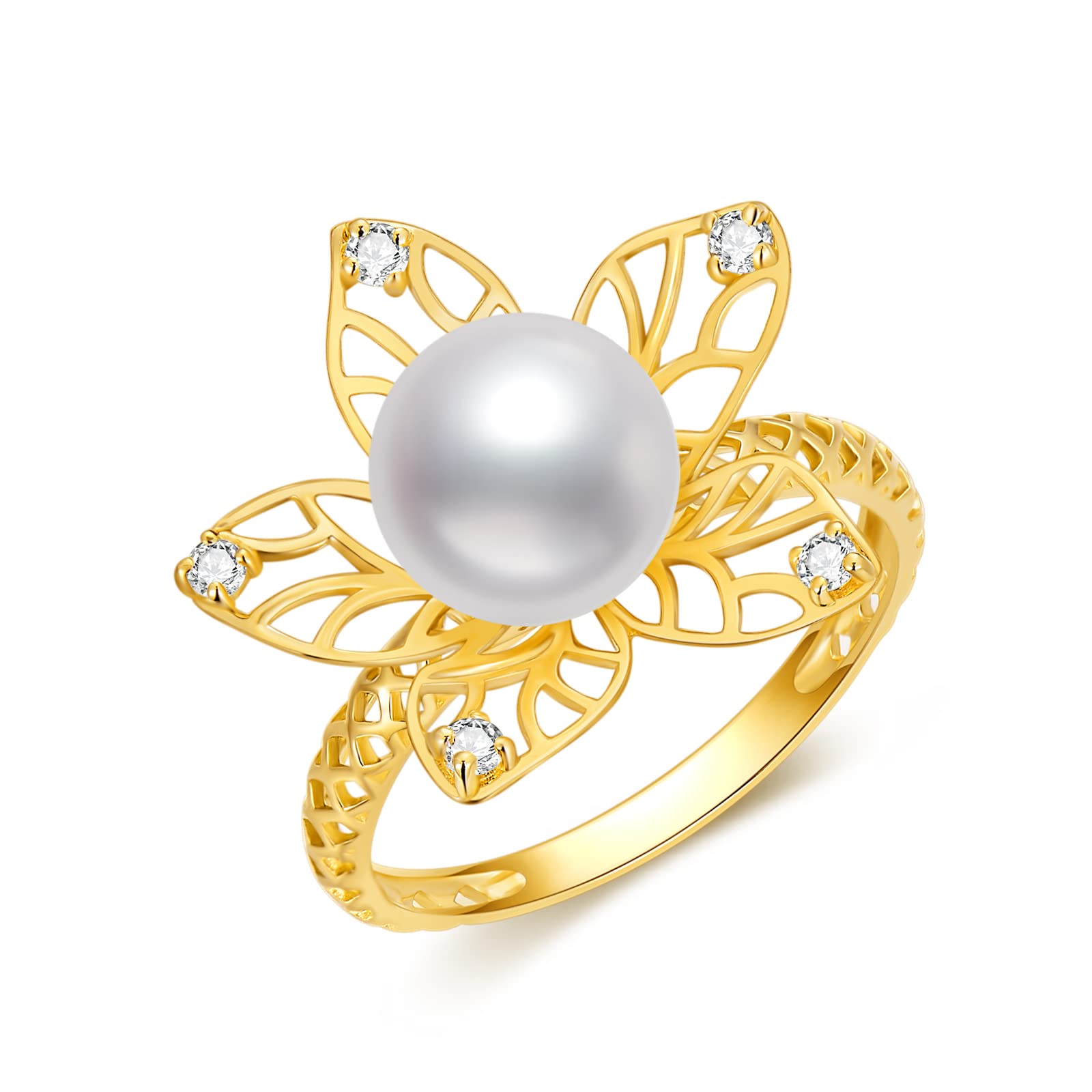 SISGEM 14K Real Gold Flower Ring for Women,Yellow Gold 9MM Pearl Engagement Ring/Wedding Band/Wedding Anniversary Birthday Gifts for Her Size 5-11 (7)