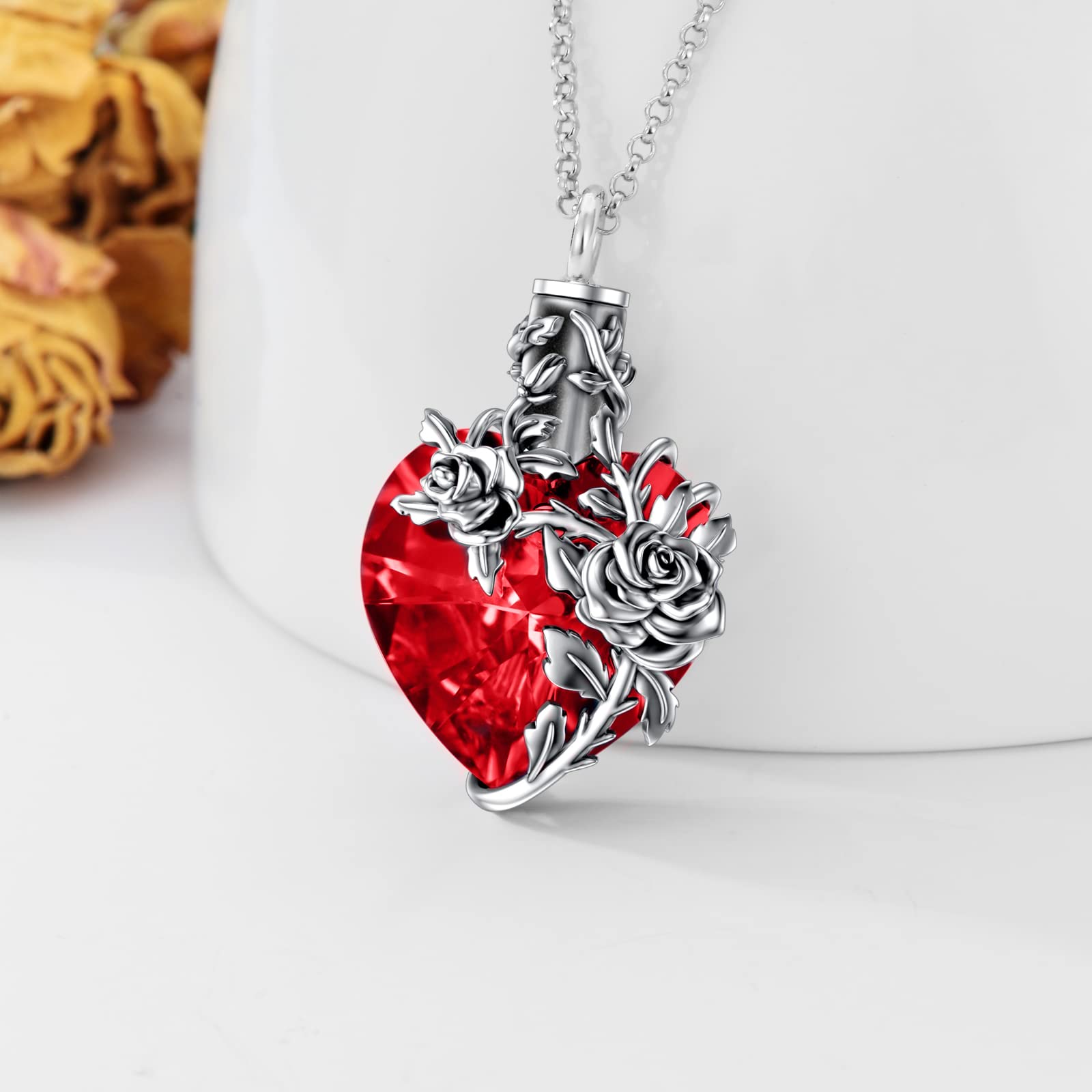 PELOVNY Rose Flower Cremation Necklace For Ashes, Red Crystal Urn Necklace For Ashes For Women Memorial Jewelry