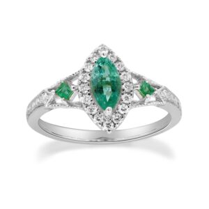 gin & grace 14k white gold natural zambian emerald ring with natural diamonds for women | ethically, authentically & organically sourced marquise, square-cut emerald hand-crafted jewelry for her.