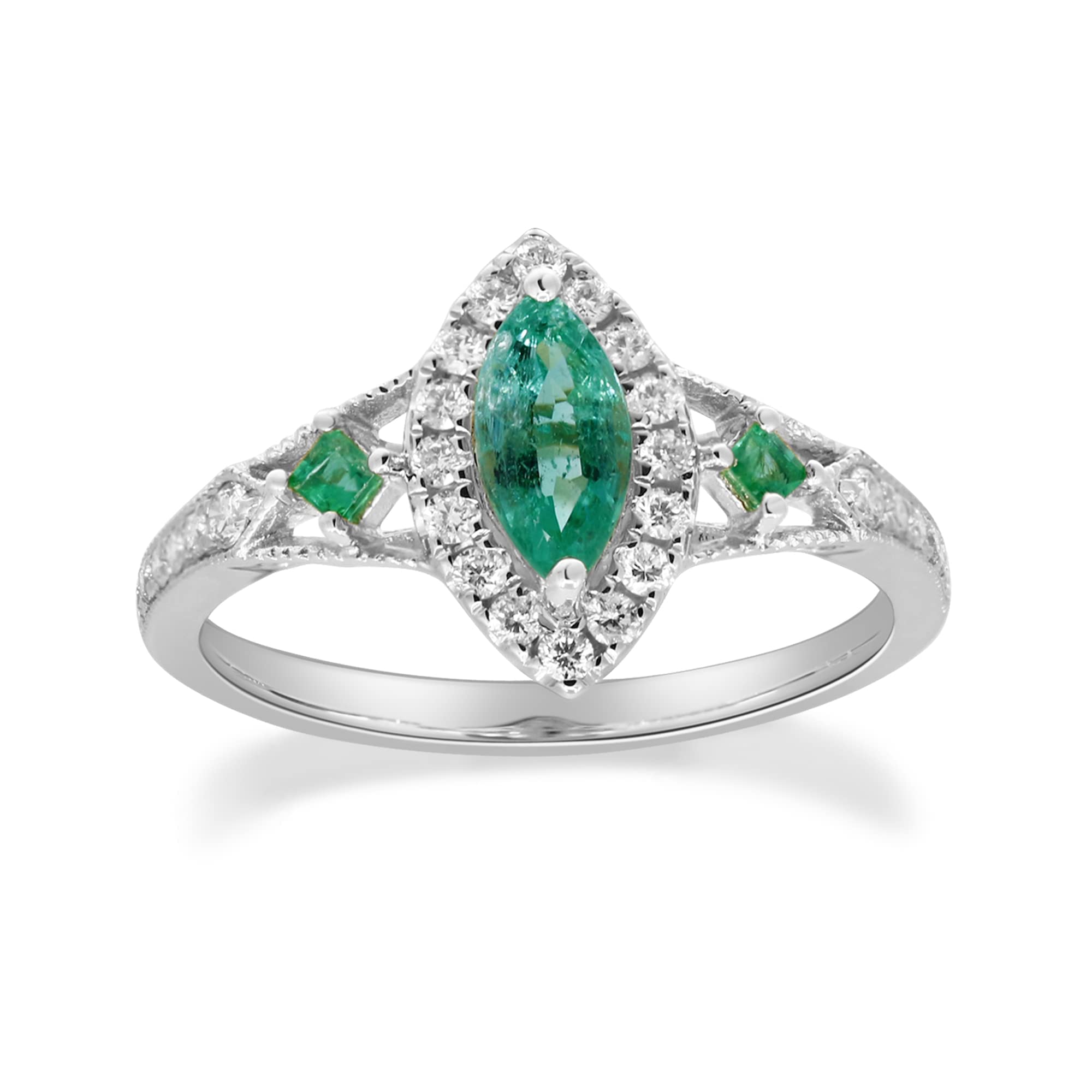 Gin & Grace 14K White Gold Natural Zambian Emerald Ring with Natural Diamonds for women | Ethically, authentically & organically sourced Marquise, Square-Cut Emerald hand-crafted jewelry for her.