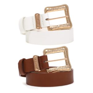 awaytr leather western belts for women - 2 pcs ladies vintage design pu leather waist plus size belt for pants dresses (white/brown,39inch)