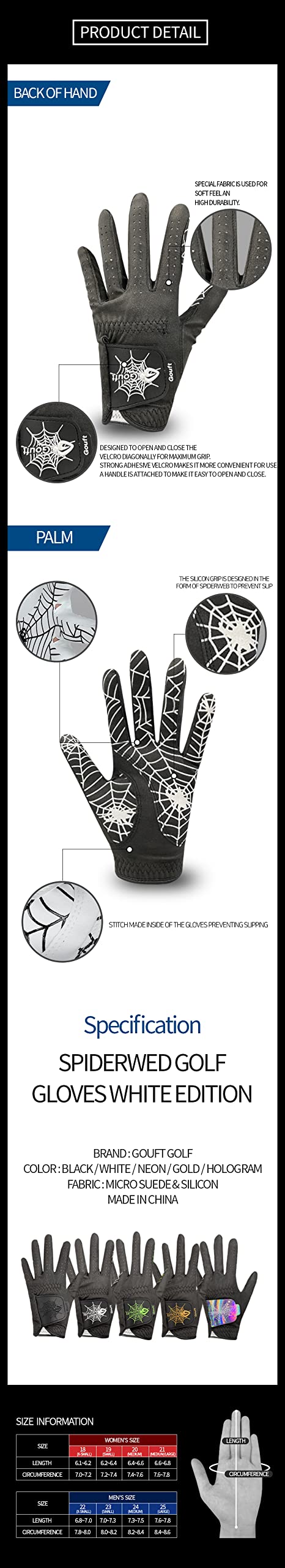 GOuft Spiderweb-Design Golf Glove Black Edition (for Men & Women) - Durable Suede: All Weather Golf Glove, Good Grip, Feel Soft/Comfort, and Long Lasting: Washable Glove (Gold/Black, 23, Left-Hand)