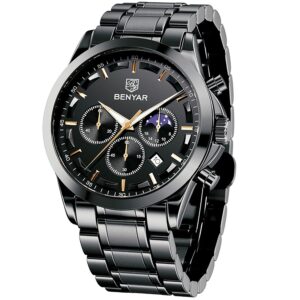 by benyar men's watches analog quartz chronograph waterproof stainless steel wrist watches for men business work casual sport black mens dress watch unique elegant gifts for men