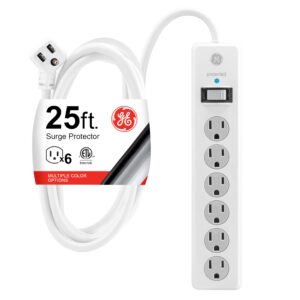 ge 6-outlet surge protector, 25 ft extension cord, power strip, 800 joules, flat plug, twist-to-close safety covers, protected indicator light, ul listed, white, 61291