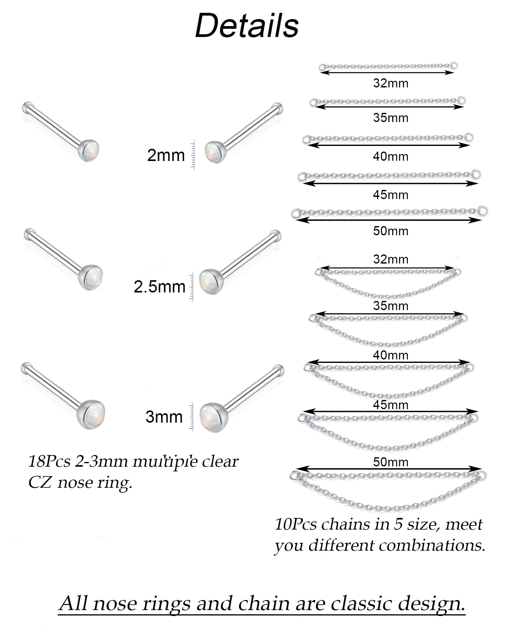 Akeoqi 28Pcs Nose Stud Nose Chain Screw Straight L Shape Nose Stud Chain Nose Stud Nostril Piercing Body Jewelry for Women Men 20G Set 2mm 2.5mm 3mm CZ Silver Tone