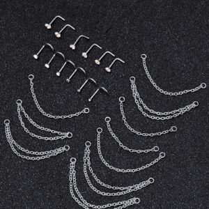 Akeoqi 28Pcs Nose Stud Nose Chain Screw Straight L Shape Nose Stud Chain Nose Stud Nostril Piercing Body Jewelry for Women Men 20G Set 2mm 2.5mm 3mm CZ Silver Tone