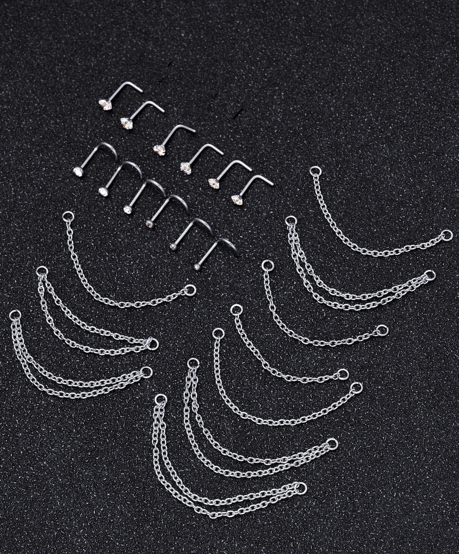 Akeoqi 28Pcs Nose Stud Nose Chain Screw Straight L Shape Nose Stud Chain Nose Stud Nostril Piercing Body Jewelry for Women Men 20G Set 2mm 2.5mm 3mm CZ Silver Tone