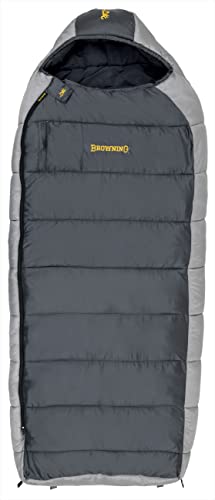 Browning McKinley -30° Sleeping Bag - Oversize Insulated Hooded Rectangle Made with Ripstop Outer and Brushed Polyester Liner, with Compression Stuff Sack, Charcoal/Gray