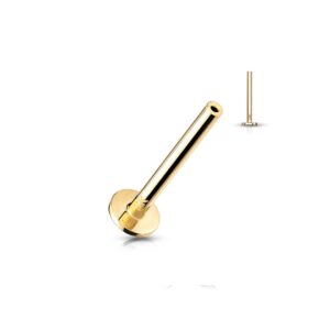 14k gold threadless push in labret, flat back stud pins yellow gold (16g 1/4")