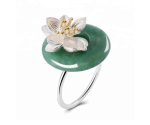 stunning lotus flower ring with natural gemstone aventurine in 925 sterling silver adjustable ring size women fine handmade jewelry - premiumpearl