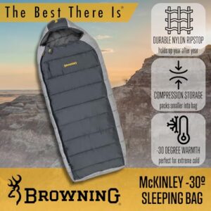 Browning McKinley -30° Sleeping Bag - Oversize Insulated Hooded Rectangle Made with Ripstop Outer and Brushed Polyester Liner, with Compression Stuff Sack, Charcoal/Gray