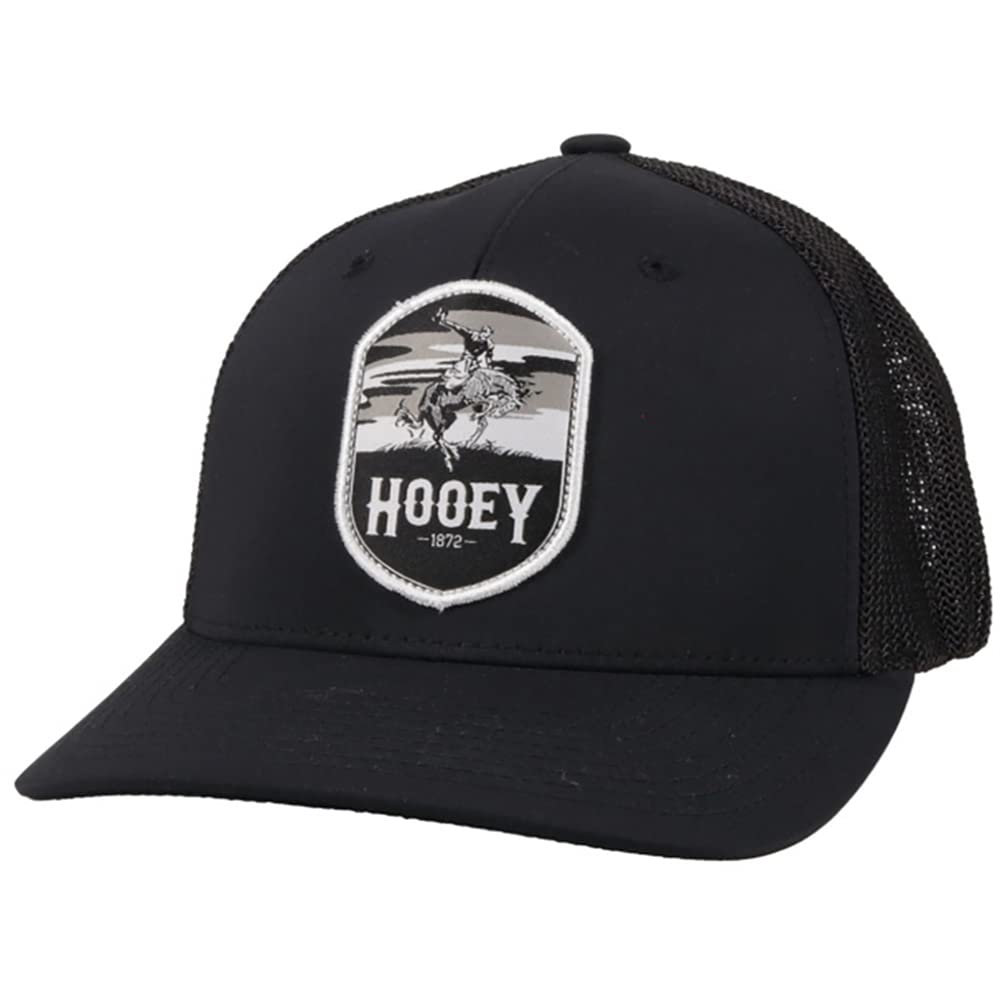 HOOEY Cheyenne Flexfit 5-Panel Western Lifestyle Curved Bill Patch Hat (Large/X-Large, Black with Black & White Patch)