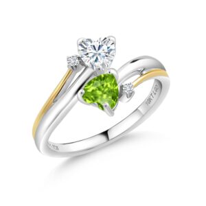 gem stone king 925 silver 10k yellow gold green peridot and moissanite 2 tone 2 heart women engagement mother ring (0.94 cttw, heart shape 5mm) (size 6)