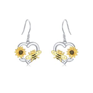 sunflower dangle earrings 925 sterling silver bee drop sunflower earrings hypoallergenic christmas thanksgiving sunflower bee jewelry gifts for women girls