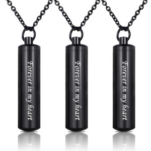 decor urns 3 pack cylinder urn necklaces for ashes for women, memorial cremation jewelry for ashes for men with words: forever in my heart. black ashes locket pendant keepsake with funnel kit & bag