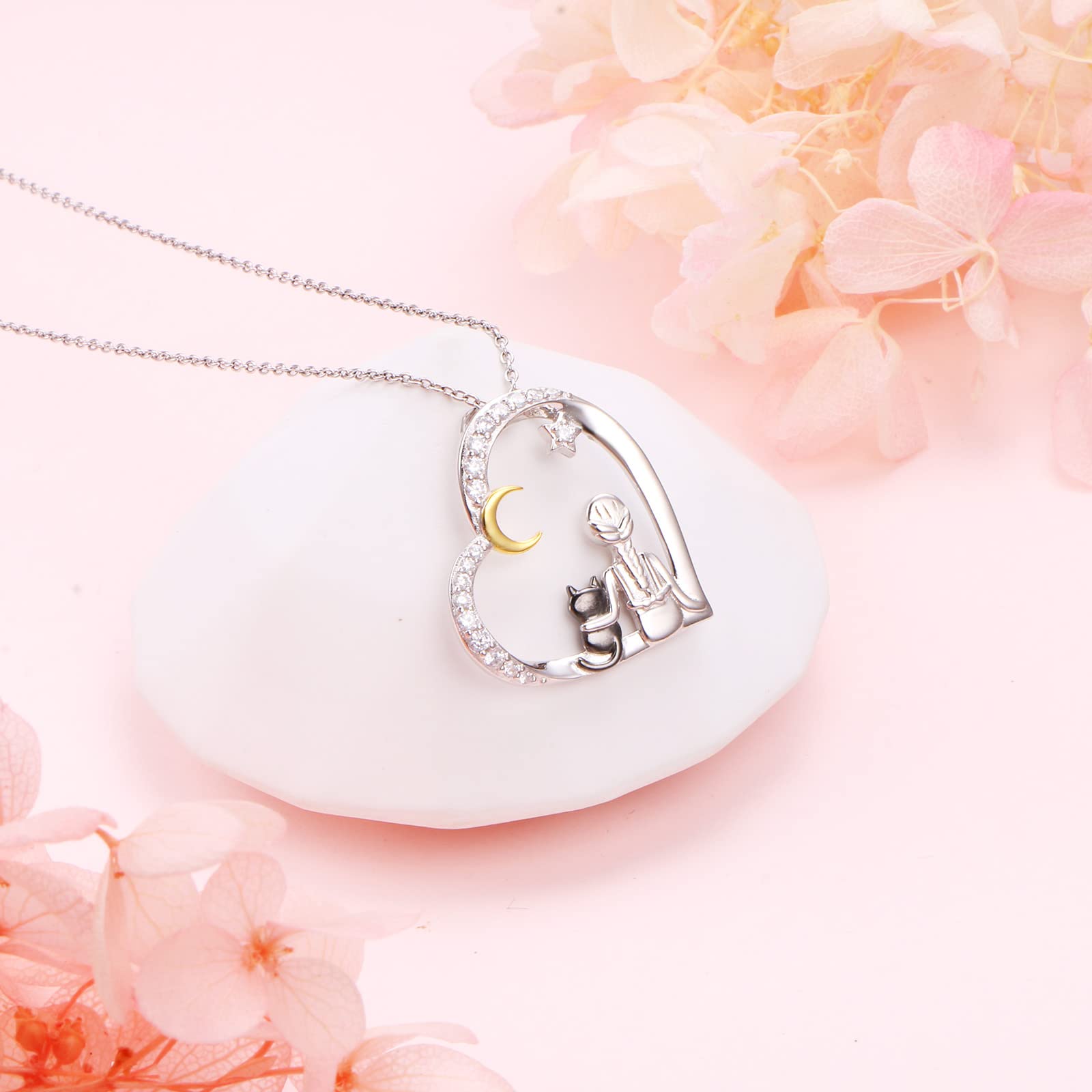 JZMSJF S925 Sterling Silver Black Cat Heart Pendant Necklaces Cute Animal Jewelry Gifts for Women Teens