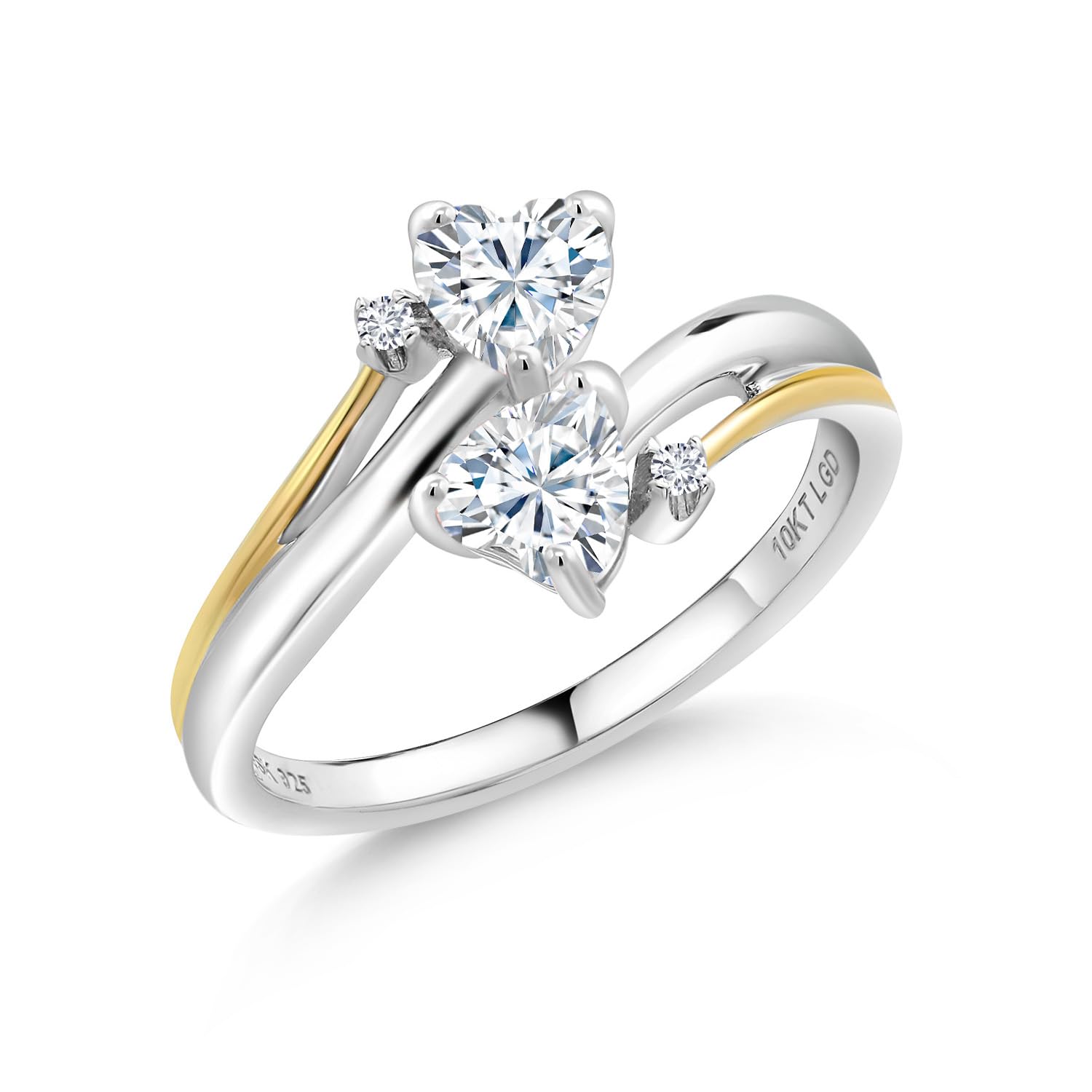 925 Silver and 10K Yellow Gold Heart Shape White Moissanite and White Lab Grown Diamond 2 Tone 2 Heart Promise Couple Women Engagement Mother Ring (0.86 Cttw, Available In Size 5, 6, 7, 8, 9)