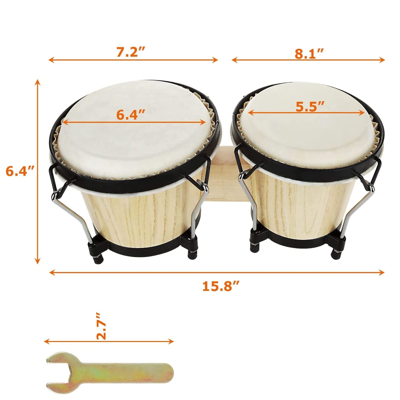 Bongo Drums 2 Set 6" and 7" Drum Set Bongos for Adults, Musical Latin Percussion Instruments Traditional Wood Bongos with Tuning Wrench