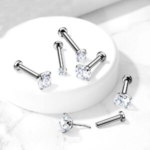 Luxe Modz Threadless Push-in Labret Flat Back Implant Grade Titanium Studs with CZ Prong Set Top for Cartilage Ear Monroe lip Nose and More 18G 1/4 inch 3mm